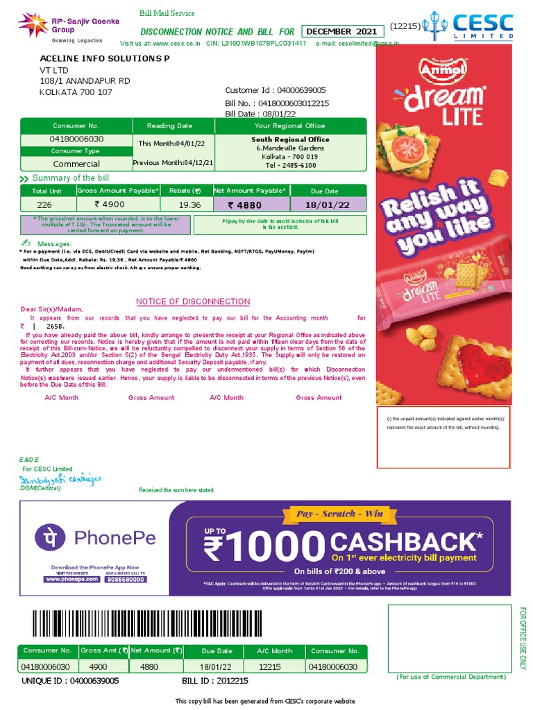 Disconnection Notice and Bill For: Aceline Info Solutions P | PDF ...