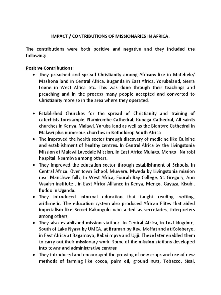 Missionaries' Impact in Africa: Contributions & Consequences | PDF ...