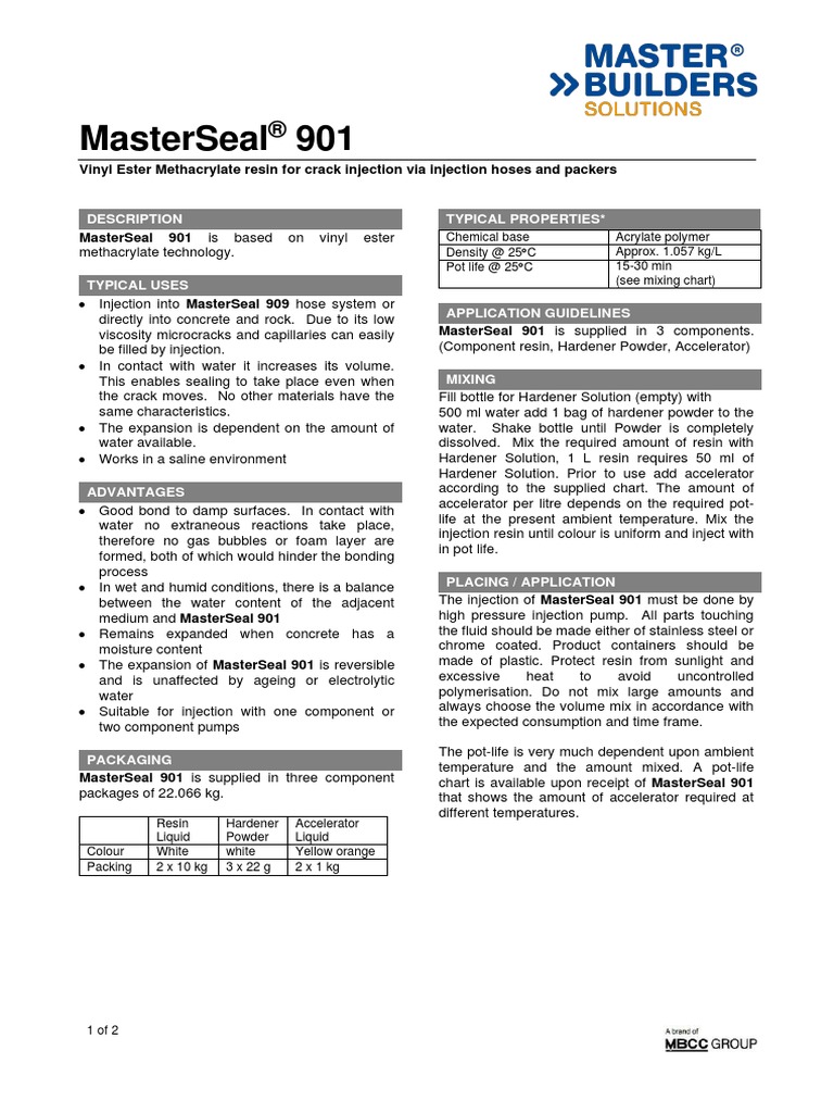 Masterseal 901: Vinyl Ester Methacrylate Resin For Crack Injection Via ...