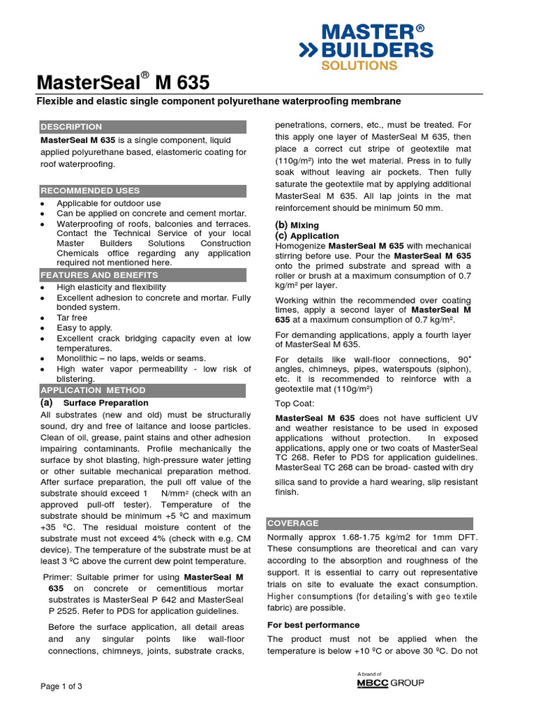 Masterseal M 635: Flexible and Elastic Single Component Polyurethane ...