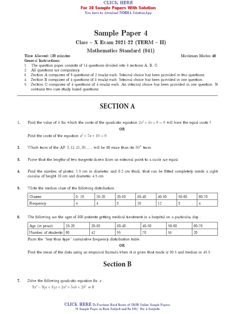 Sample Paper 4: Class - X Exam 2021-22 (TERM - II) Mathematics Standard ...