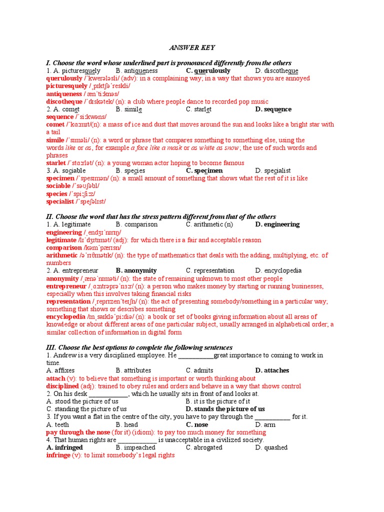 C. Querulously: Answer Key I. Choose The Word Whose Underlined Part Is ...