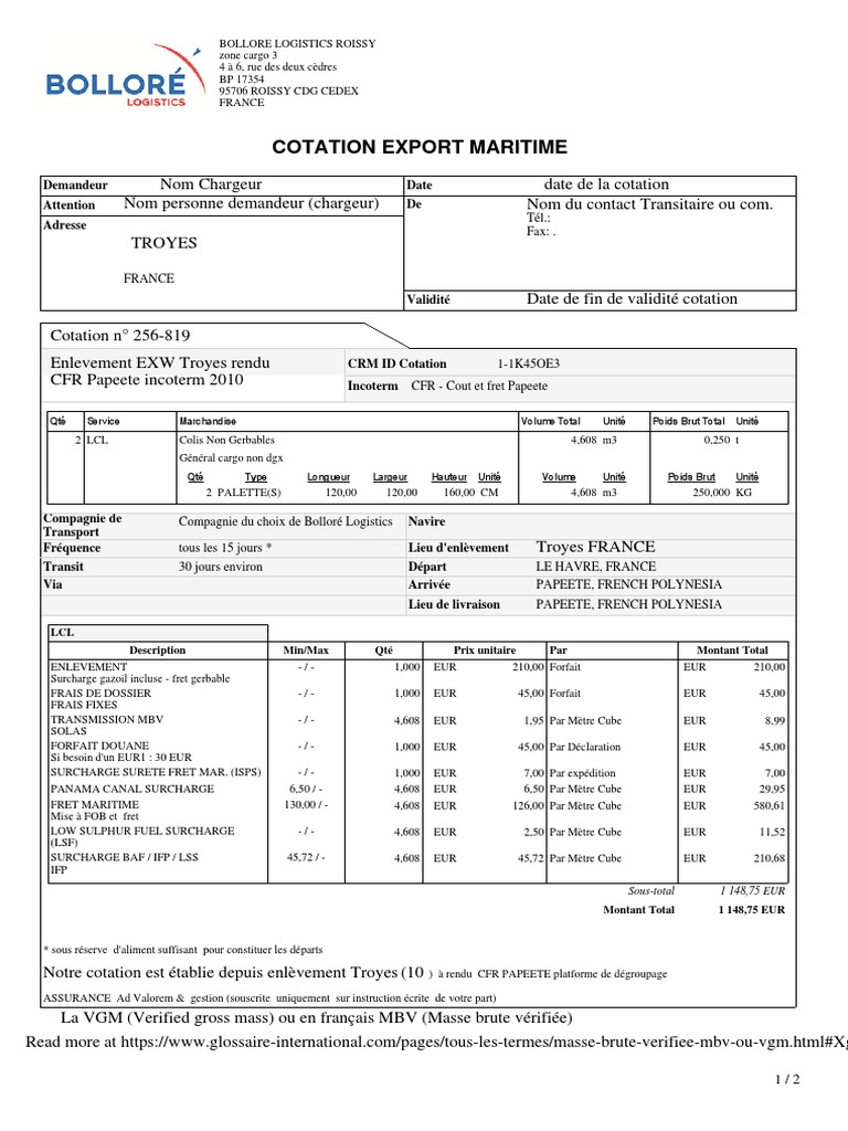 Cotation Export Maritime Bolloré | PDF | Assurance | Transport