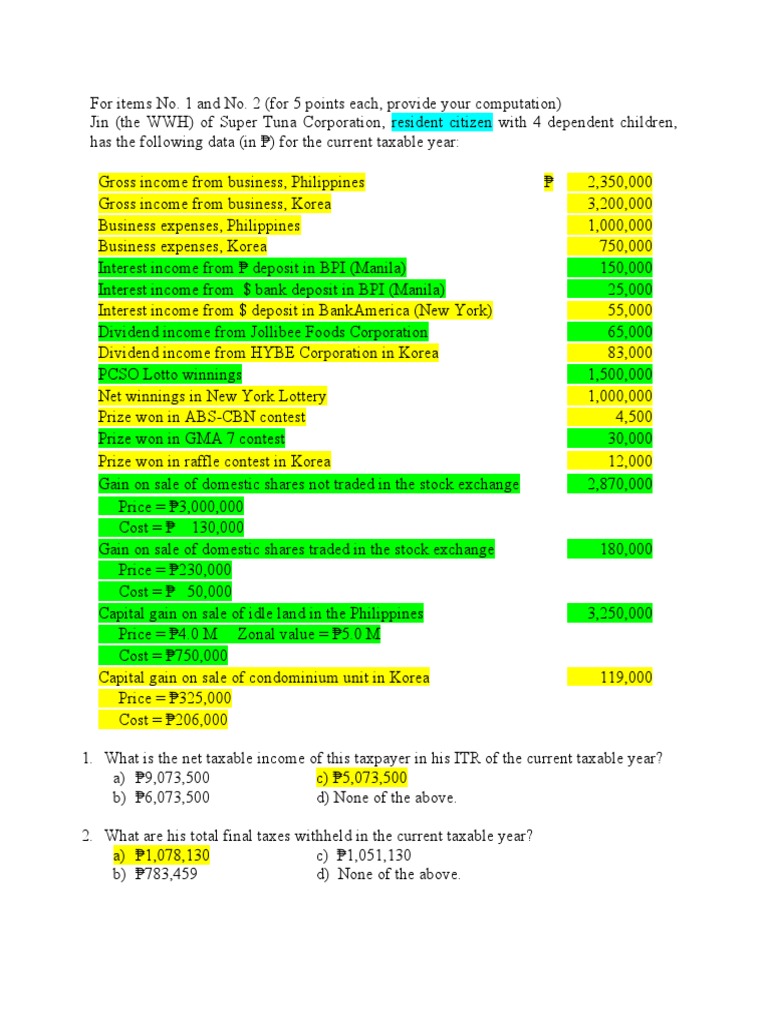 Midterm Exam Principles of Taxation and Income Taxation | PDF | Capital ...