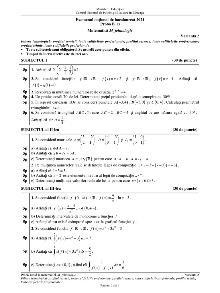 Bac Mate Tehnologic 111 | PDF