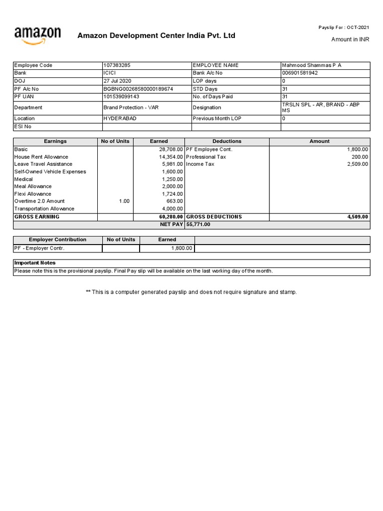 Amazon Development Center India Pvt. LTD: Amount in INR | PDF ...
