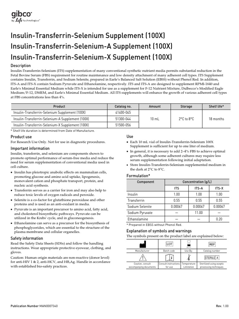 Insulin-Transferrin-Selenium Supplement (100X) Insulin-Transferrin ...
