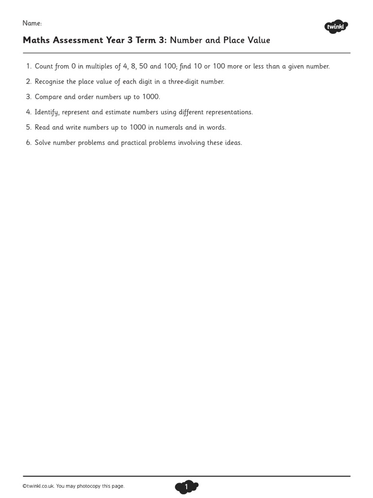 Maths Assessment Year 3 Term 3: Number and Place Value: Name | PDF ...