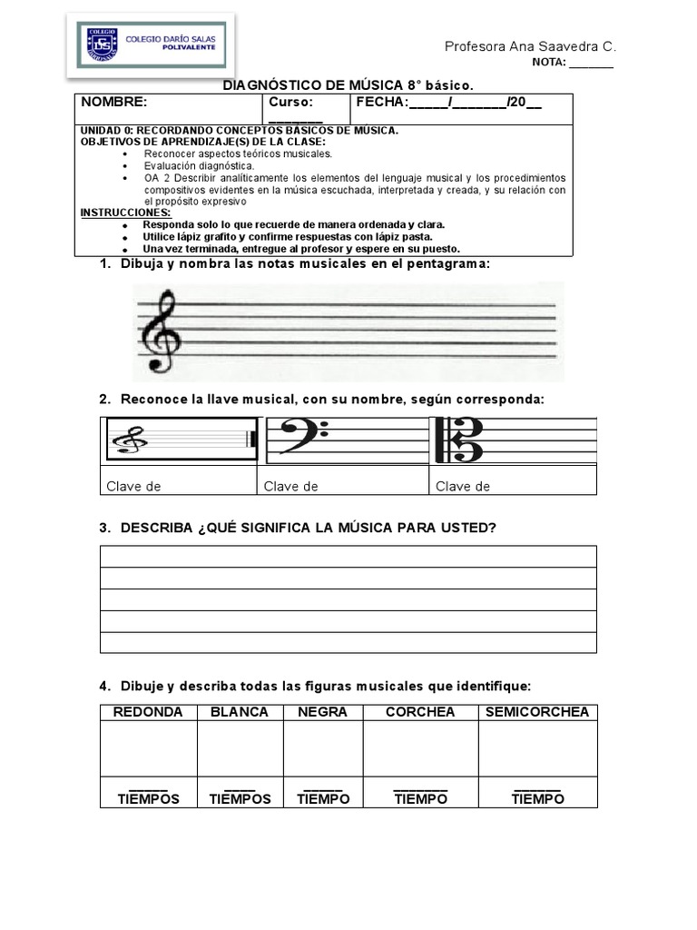 Diagnóstico de Música 8° Básico | PDF | Clave | Teoría musical