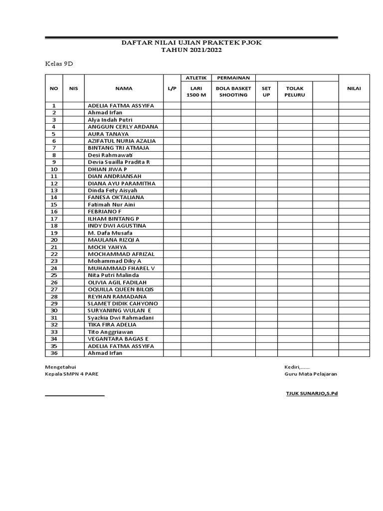 Format Daftar Nilai Ujian Praktek Pjok SMP | PDF