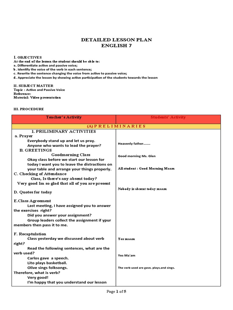 Preliminary Activities in Lesson Plan | PDF | Subject (Grammar) | Verb