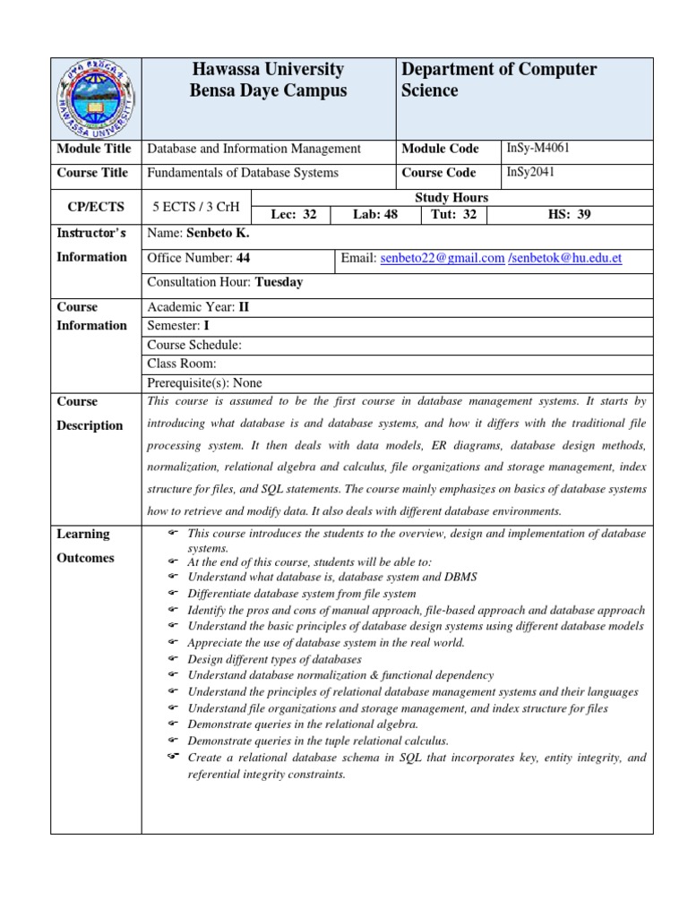 Fundamentals of Database System - Syllabus | PDF | Relational Database ...