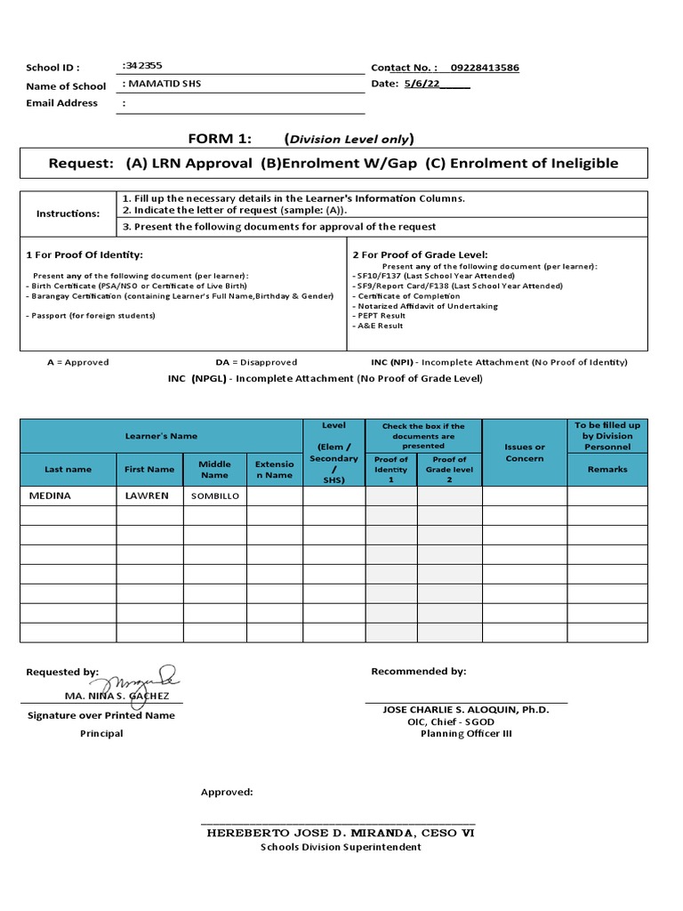 Request for Learner Records and Enrollment Approval Form | PDF ...