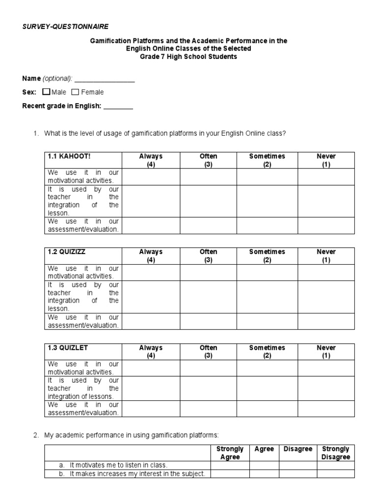 SURVEY-QUESTIONNAIRE GAMIFICATION IMPACT | PDF | Teachers | Educational ...