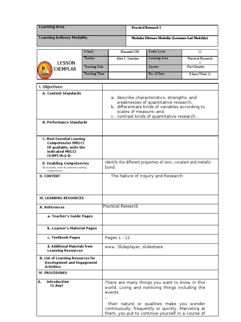 Lesson-Exemplar - Research | PDF | Statistics | Quantitative Research