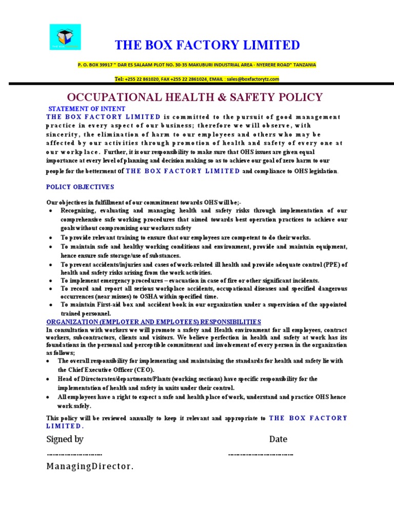 Occupational Health and Safety Policy Statement: The Box Factory ...