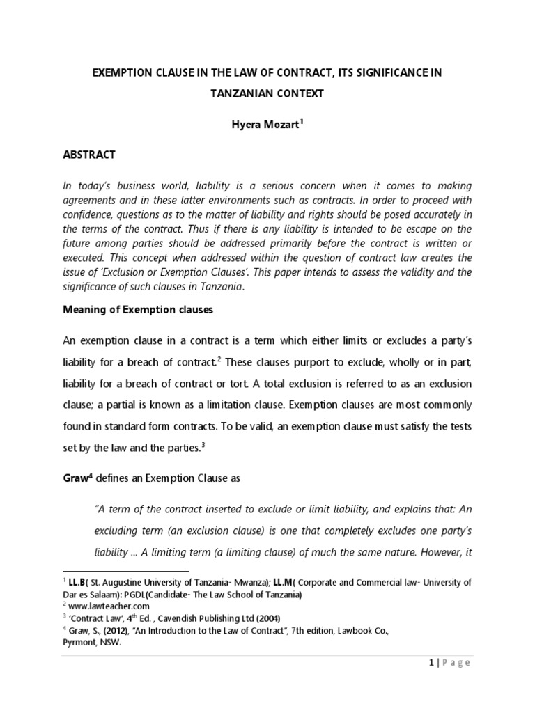 Exemption Clause in The Law of Contract-60532061 | PDF | Indemnity ...