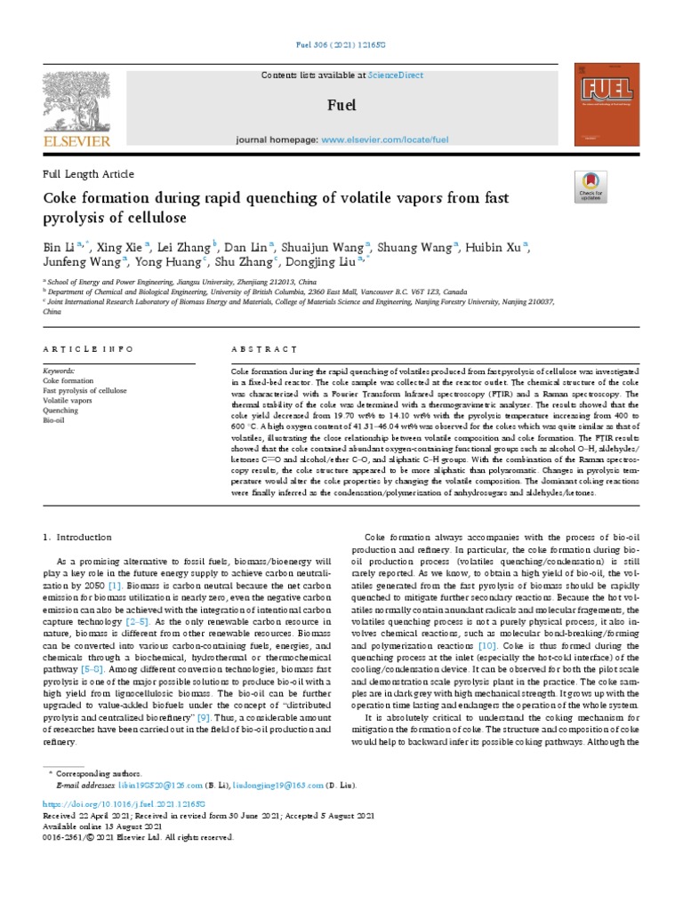 Coke Formation During Rapid Quenching of Volatile Vapors From Fast ...