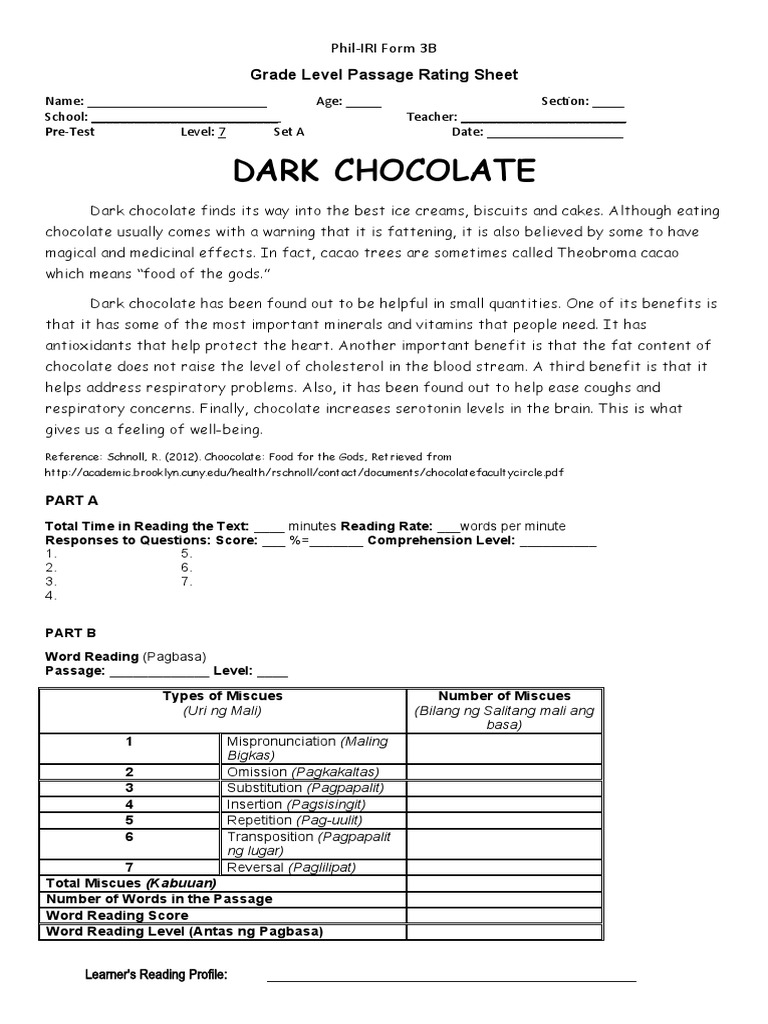 Dark Chocolate: Grade Level Passage Rating Sheet | PDF | Chocolate ...
