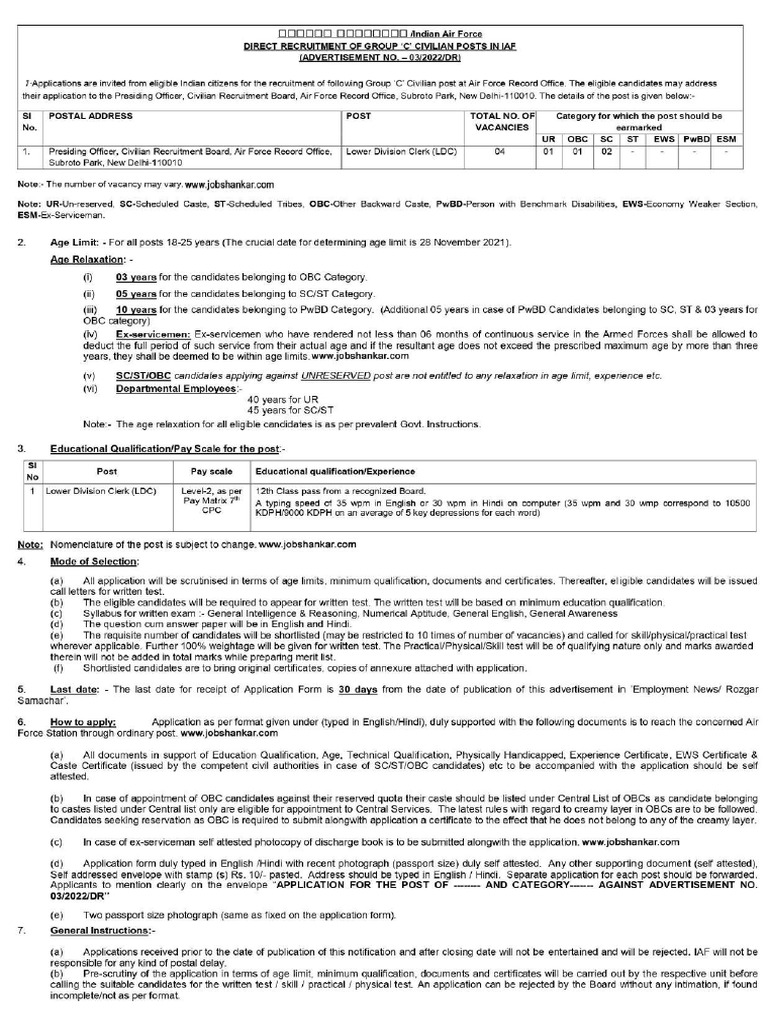 Indian Air Force LDC Group-C Notification - 2022 | PDF