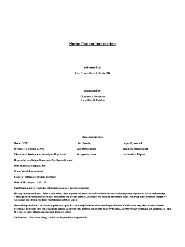 Nurse-Patient Interaction: Submitted To | PDF | Mental Disorder ...