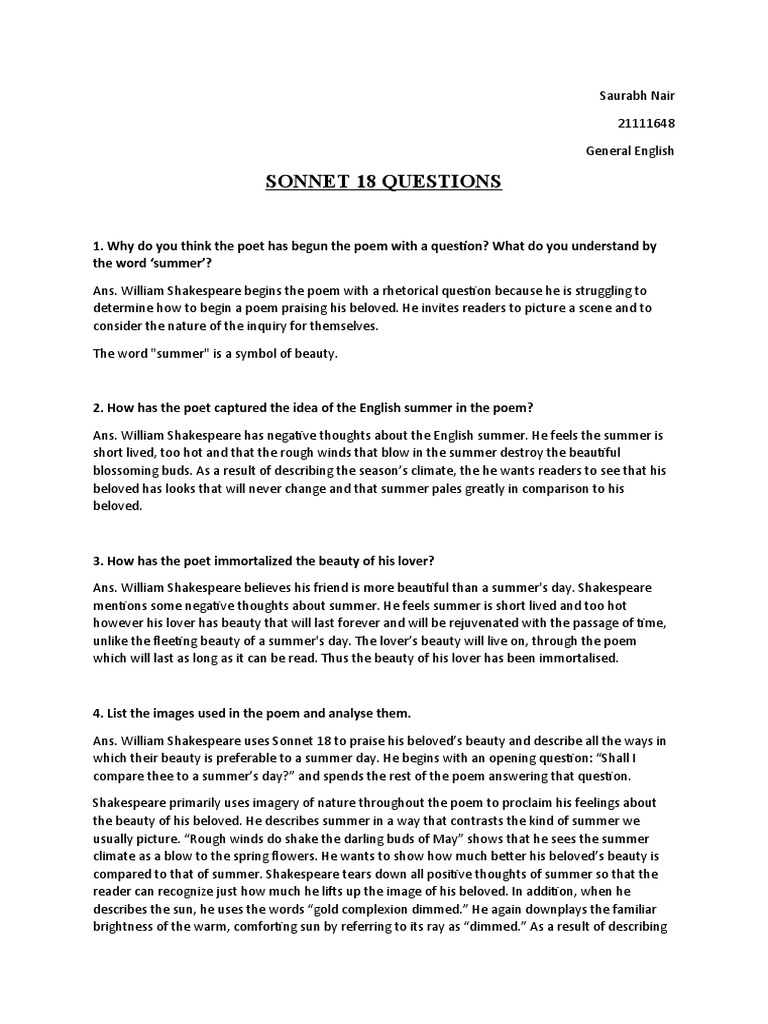 Sonnet 18 Questions | Download Free PDF | Poetry | William Shakespeare