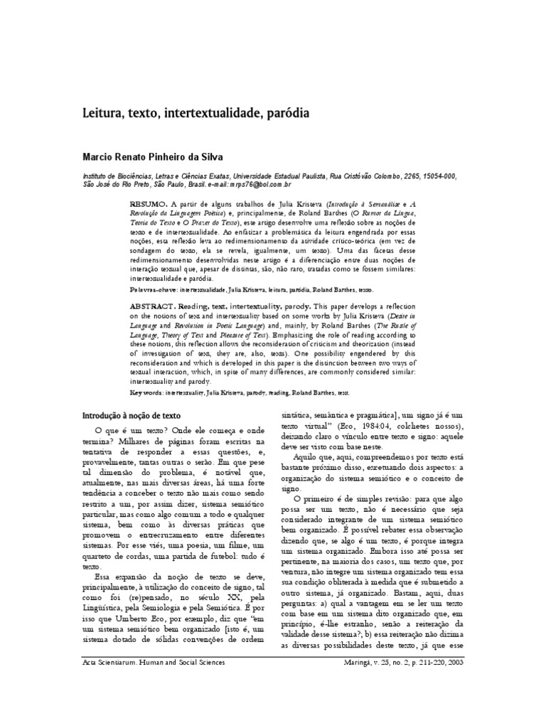 Leitura - Texto - Intertextualidade | PDF | Semiótica | Autor