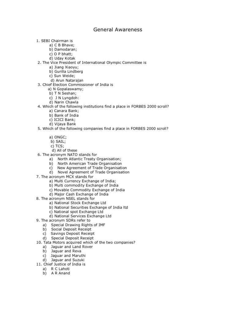 General Awareness | Download Free PDF | Reserve Bank Of India ...