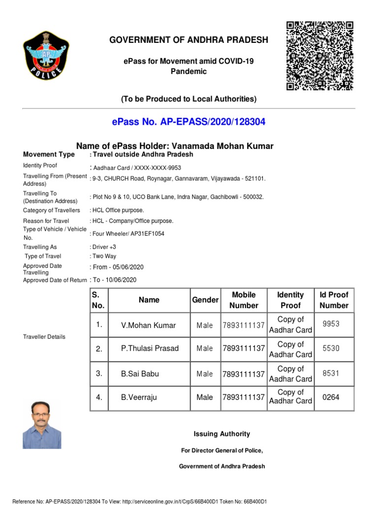 Epass No. Ap-Epass/2020/128304: Government of Andhra Pradesh | PDF ...