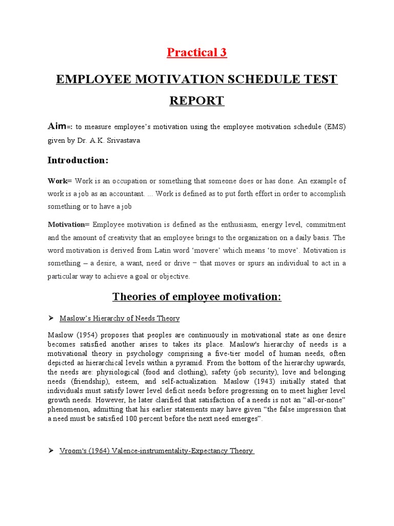 Employee Motivation Schedule Test: Practical 3 | PDF | Motivational ...