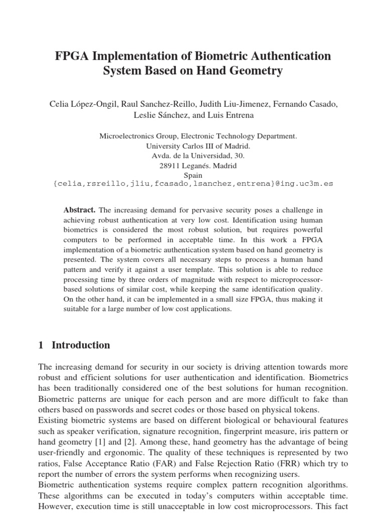 FPGA Implementation of Biometric Authentication System Based On Hand Geometry | PDF | Biometrics ...