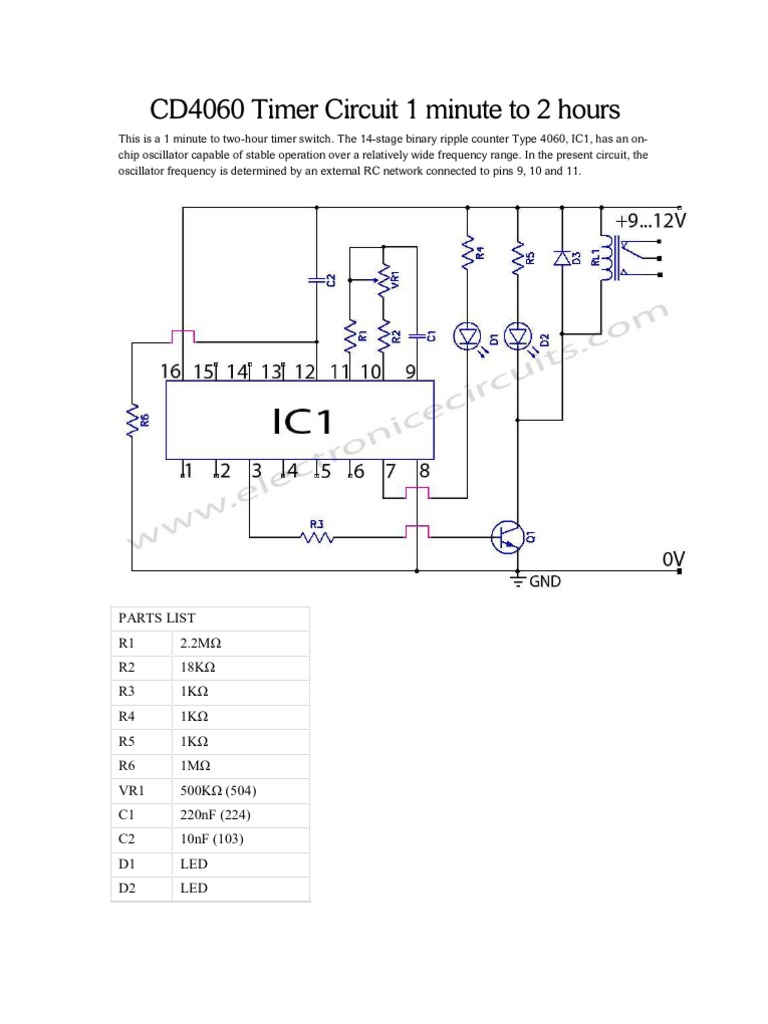 Cd4060 Timer Circuit 1 Minute To 2 Hours Pdf Electronic Circuits Relay