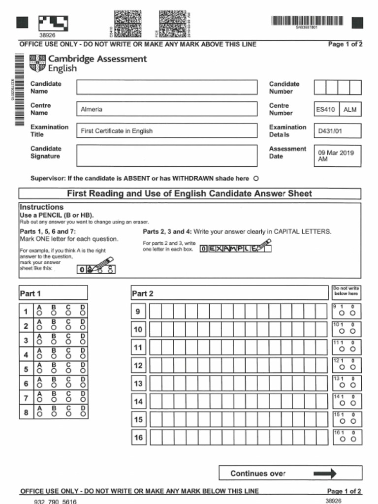 B2 Candidate Answer Sheet - Hoja de Examen | PDF