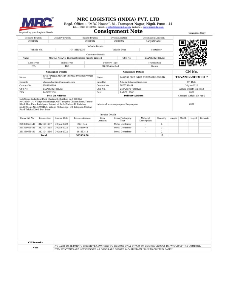 Consignment Note: MRC Logistics (India) Pvt. LTD | PDF | Invoice | Trade