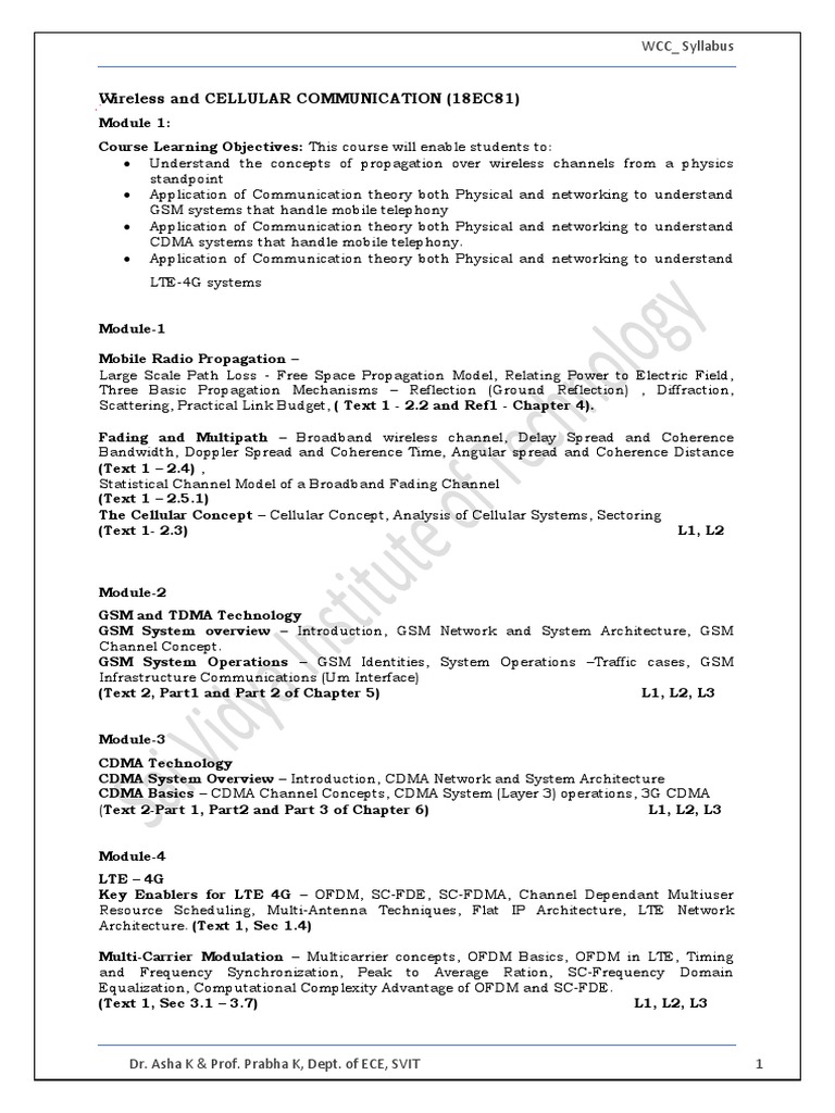 Wireless and CELLULAR COMMUNICATION (18EC81) : WCC - Syllabus | PDF | 4 G | Cellular Network
