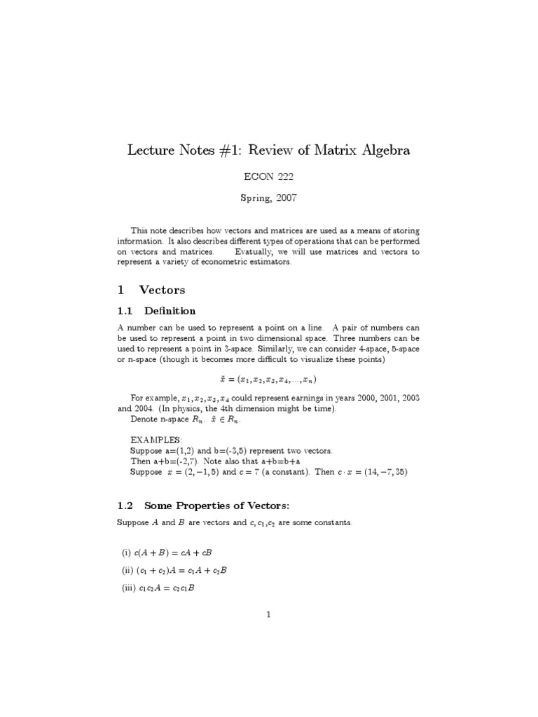 Lecture Notes #1: Review of Matrix Algebra: 1 Vectors | Download Free ...