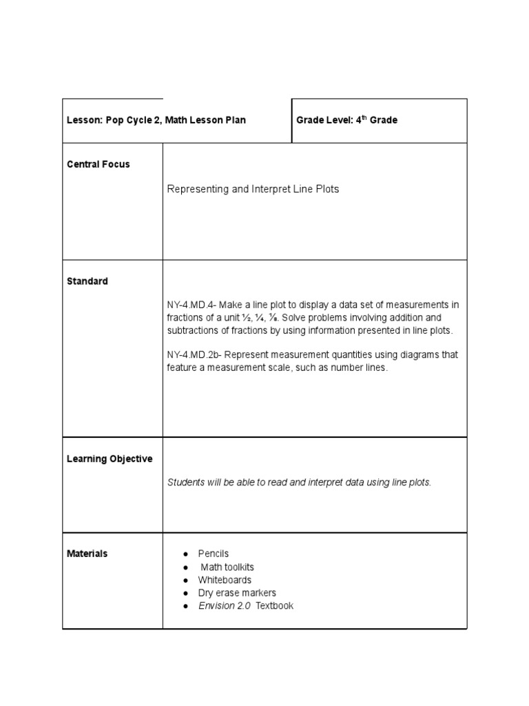 Line Plot Lesson Plan for 4th Grade | PDF | Lesson Plan | Information