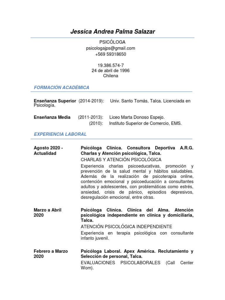 CV - Jessica Palma | PDF | Sicología | Psicología clínica