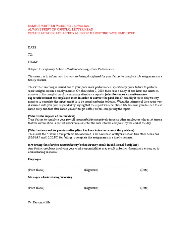 Written Warning Sample Letter | PDF | Business