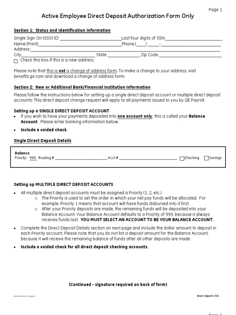 GE Employee Direct Deposit Form | PDF | Cheque | Deposit Account
