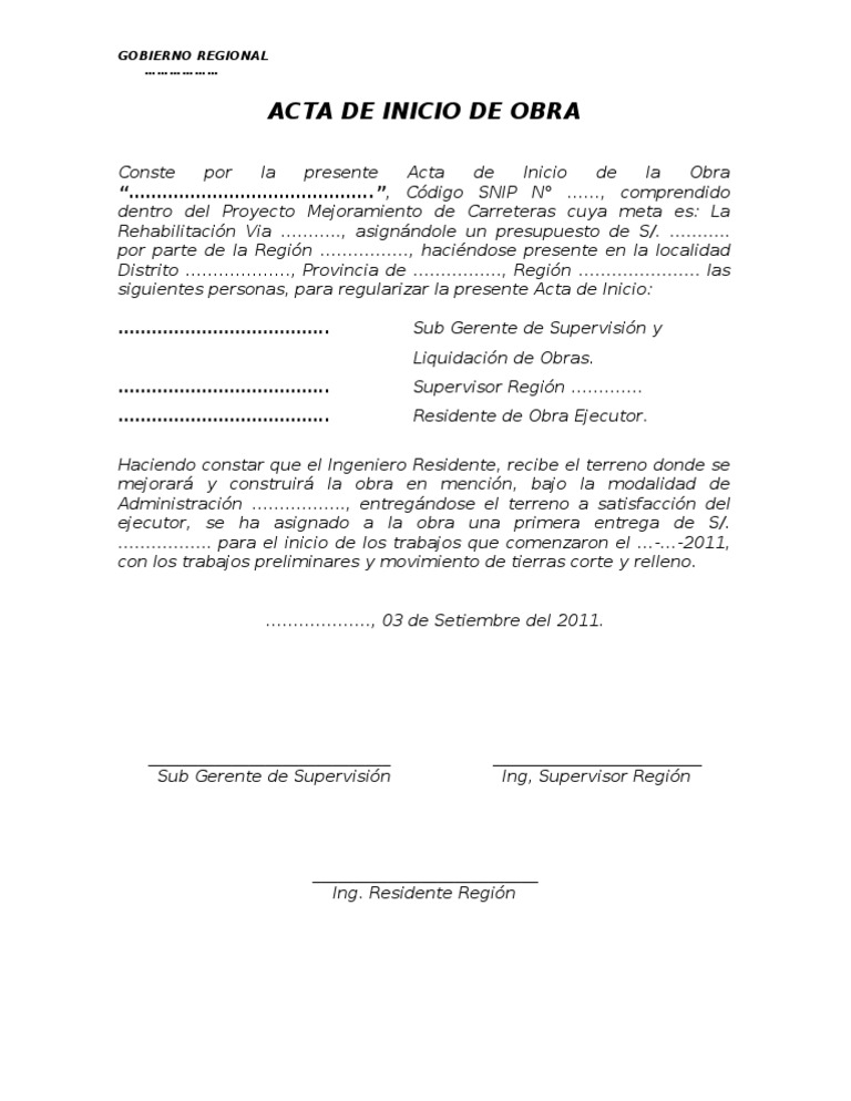 Modelo de Acta de Inicio de Obra