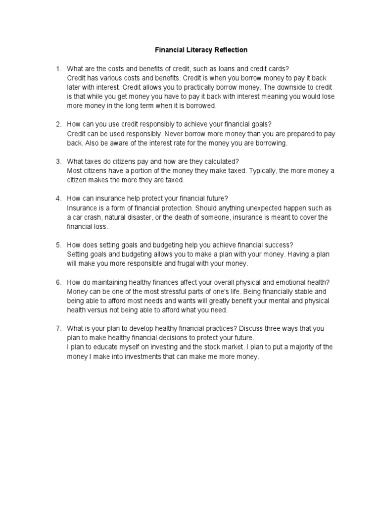 P Finacial Literacy Reflection - Ready | PDF | Business | Finance ...