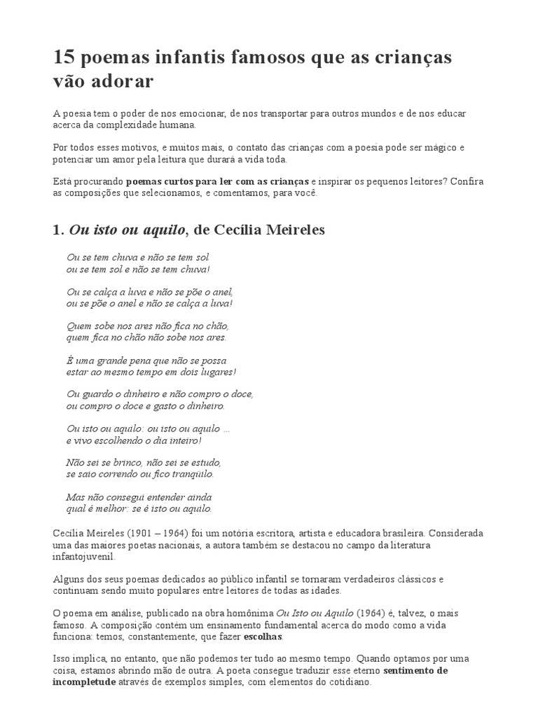 15 Poemas Infantis Famosos Que As Crianças Vão Adorar | PDF | Poesia | Amor