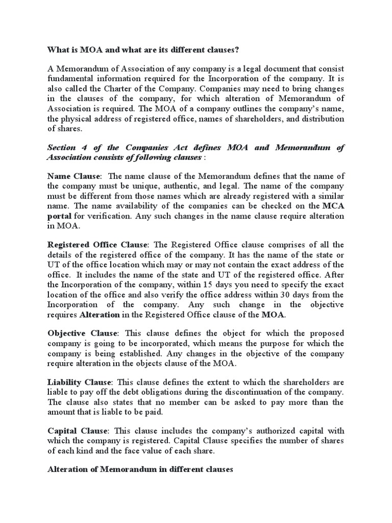 An In-Depth Explanation of Memorandum of Association Clauses, Their ...