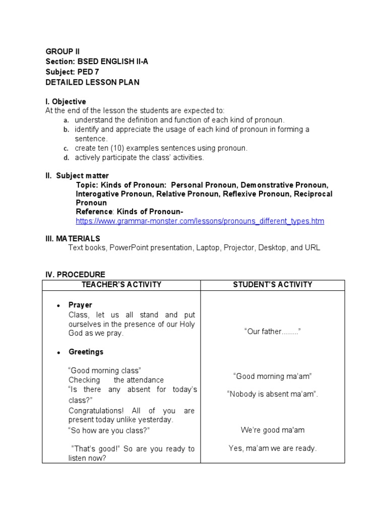 Ped7 Lesson-Plan Group2 | Download Free PDF | Pronoun | Noun