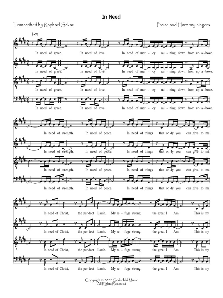 In Need Praise And Harmony Singers Transcribed By Raphael Sakari Pdf