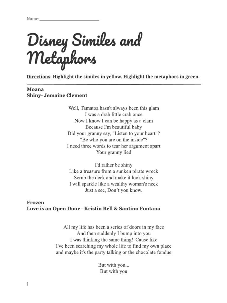 Disney Simile and Metaphor Worksheet | PDF