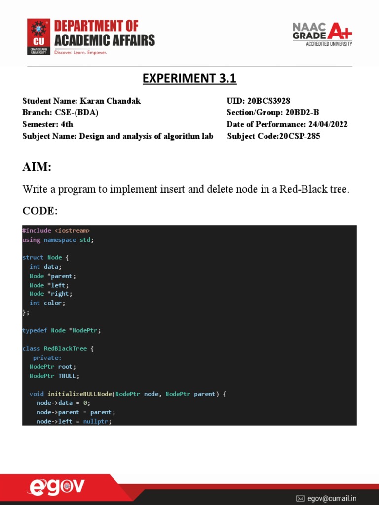 Experiment 3.1: Write A Program To Implement Insert and Delete Node in A Red-Black Tree | PDF ...