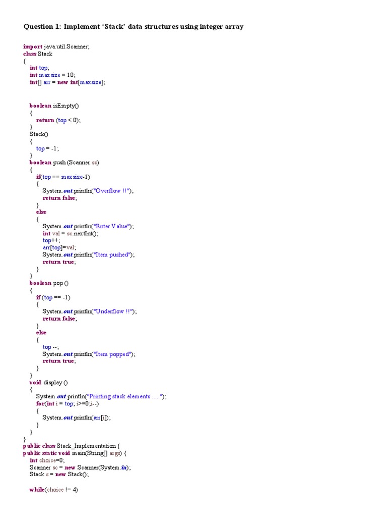 Question 1 Implement Stack Data Structures Using Integer Array Pdf Queue Abstract Data