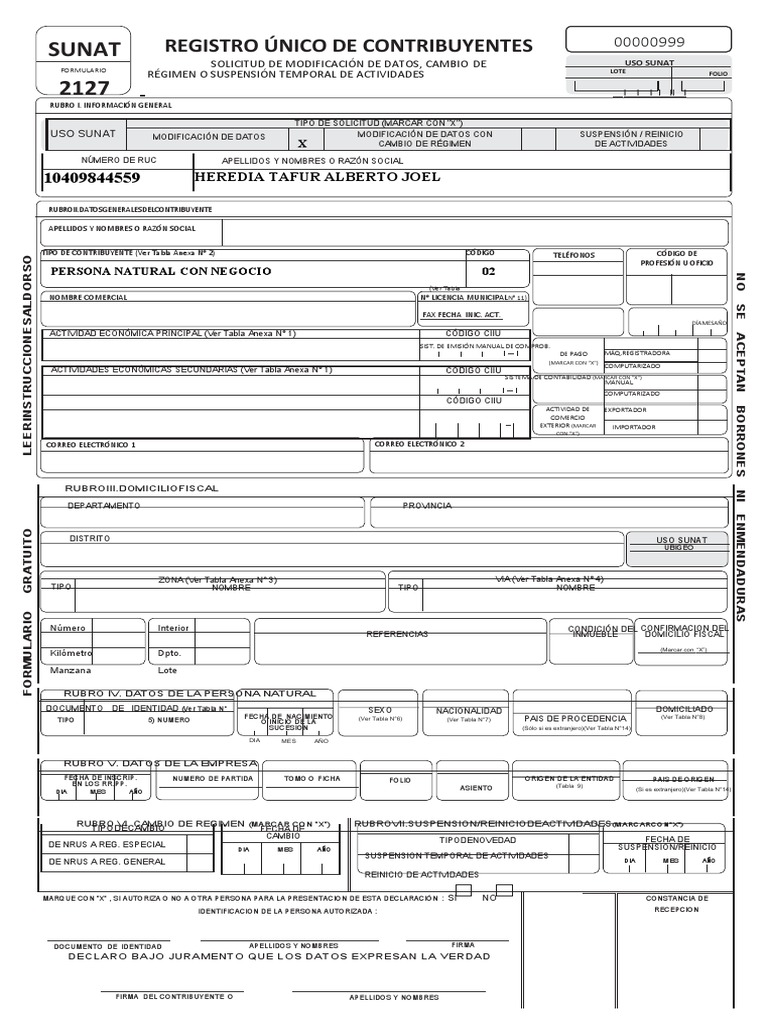 Formulario 2127 Sunat Alberto Heredia | PDF